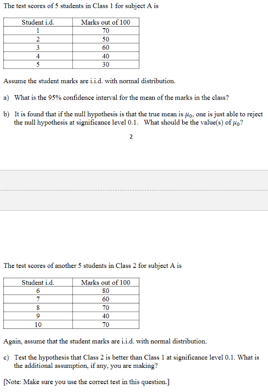 The test scores of 5 students in Class 1 for subject | Chegg.com