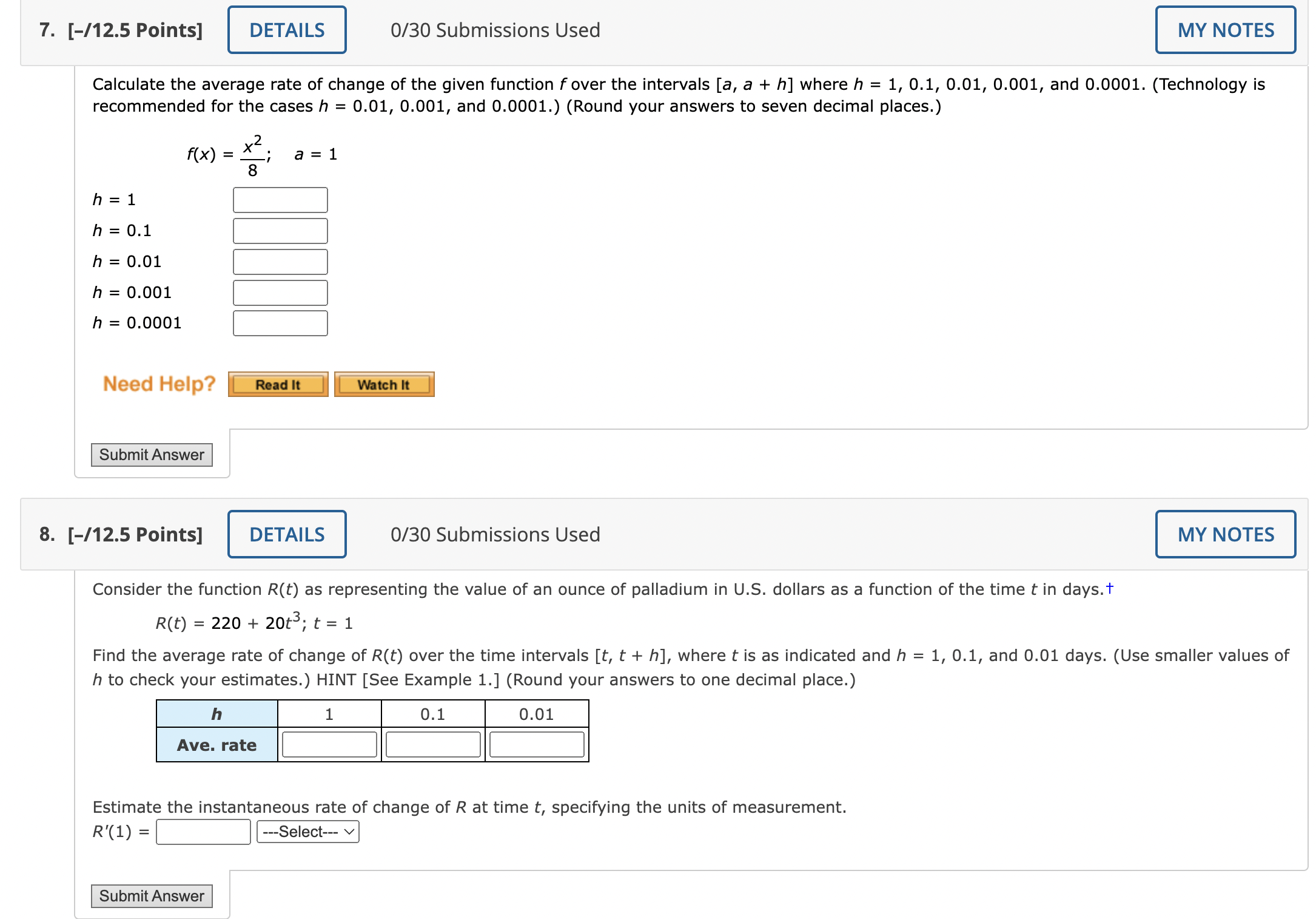 Solved -/12.5 Points] 0/30 Submissions Used Calculate the | Chegg.com