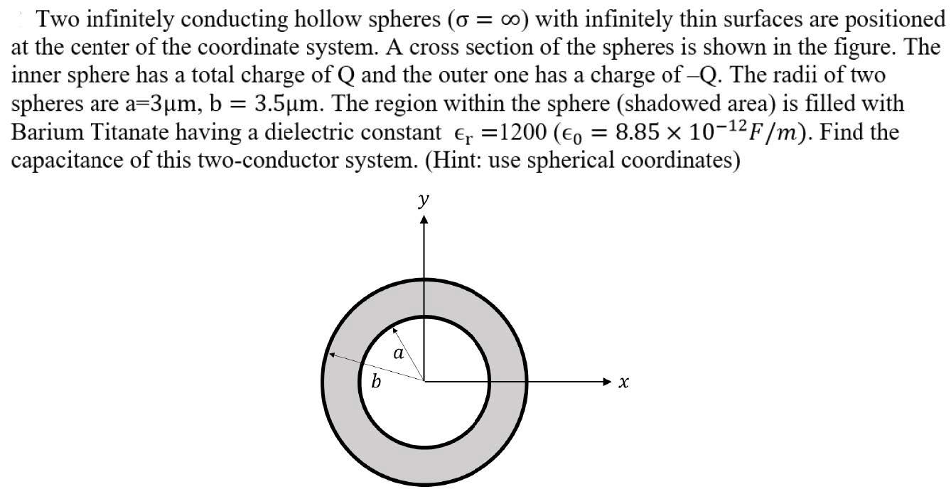 Solved Two infinitely conducting hollow spheres (σ=∞) with | Chegg.com