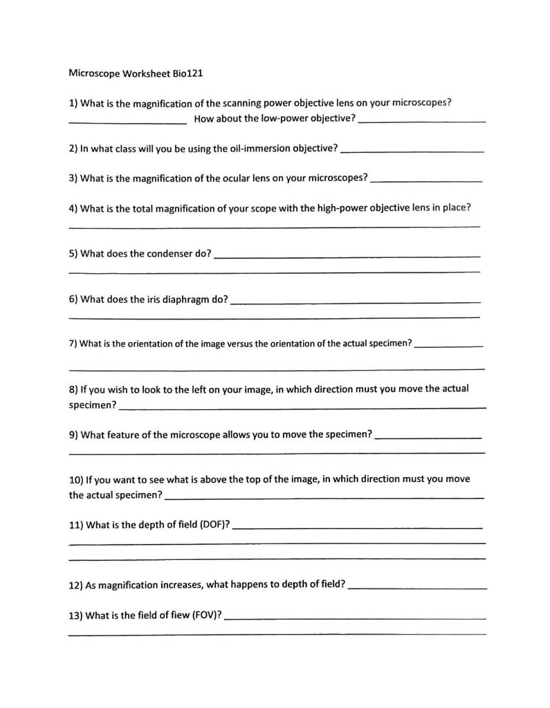 Solved Microscope Worksheet Bio 121 1) What is the | Chegg.com