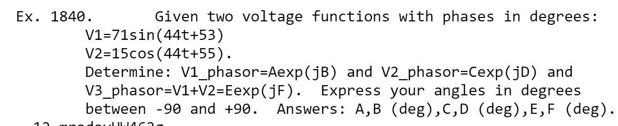 Solved Ex. 1840. Given two voltage functions with phases in | Chegg.com