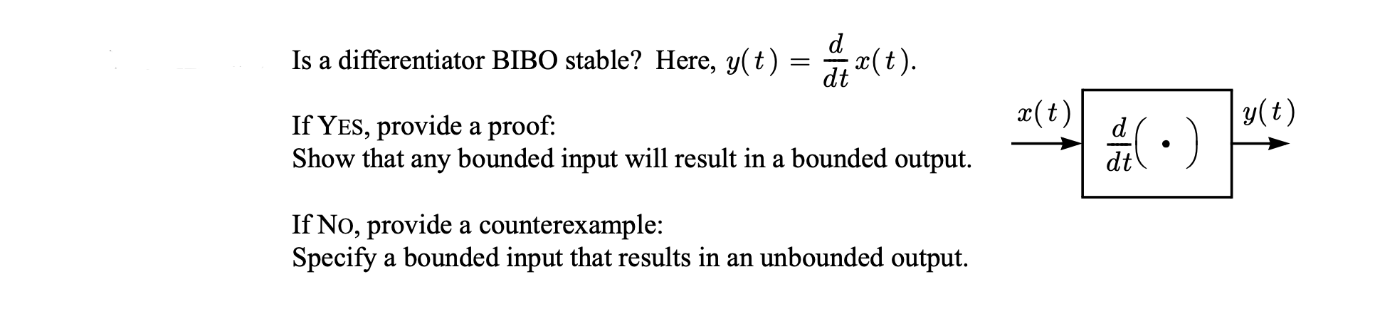 Solved d Is a differentiator BIBO stable? Here, y(t) at | Chegg.com