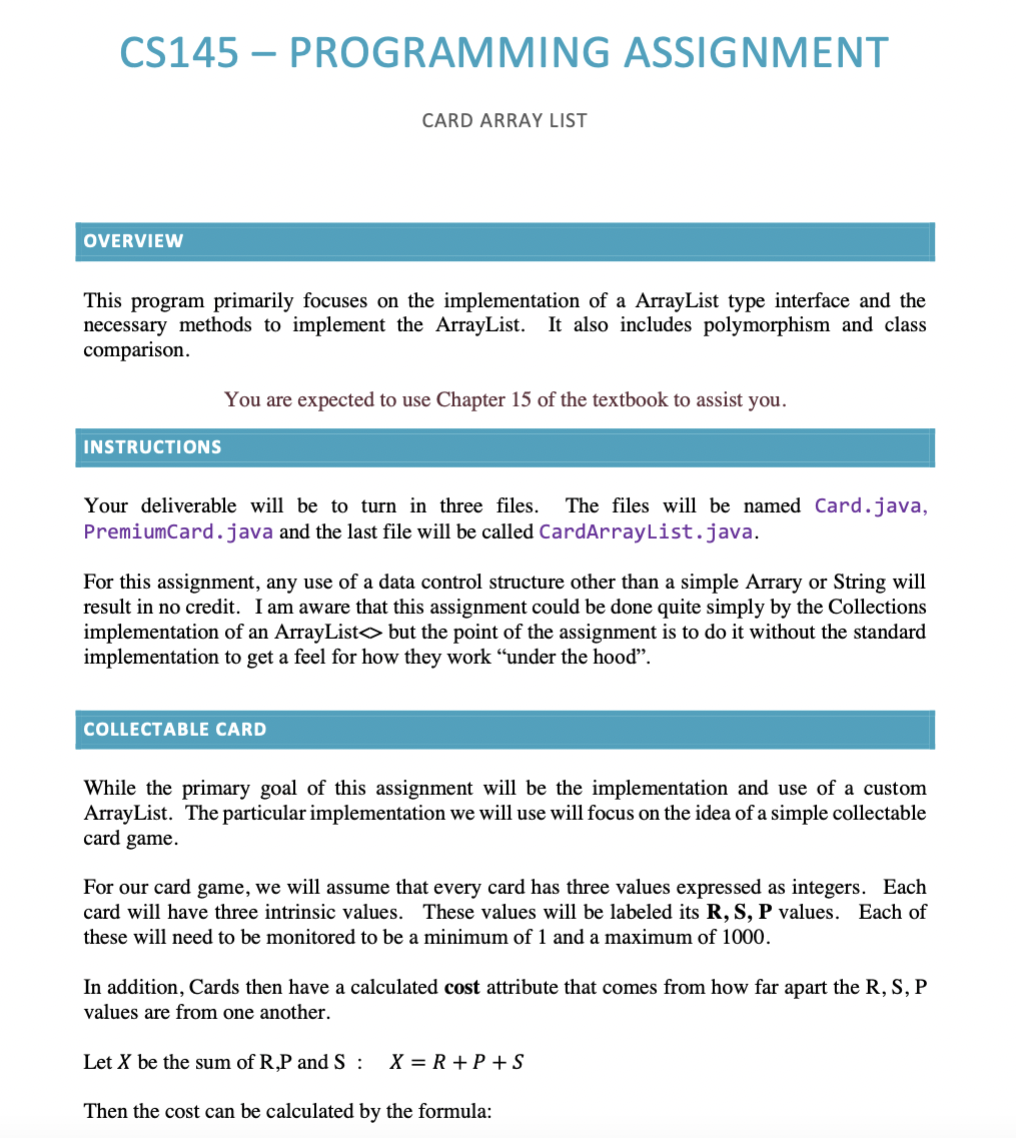 Solved CS145 - PROGRAMMING ASSIGNMENT CARD ARRAY LIST | Chegg.com