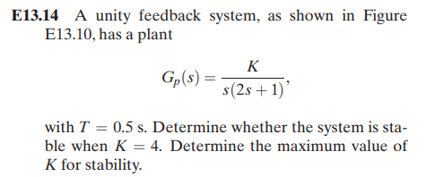 Solved E13.14 A unity feedback system, as shown in Figure | Chegg.com