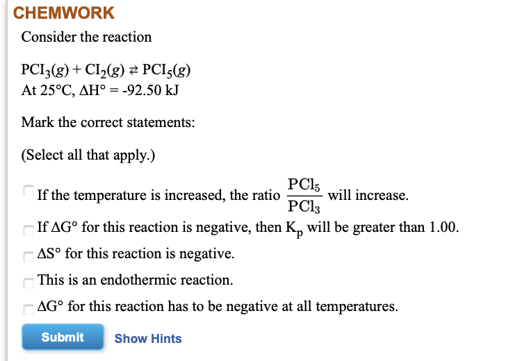 Solved CHEMWORK Consider the reaction PCI3(g) + Cl2(g) = PCI | Chegg.com