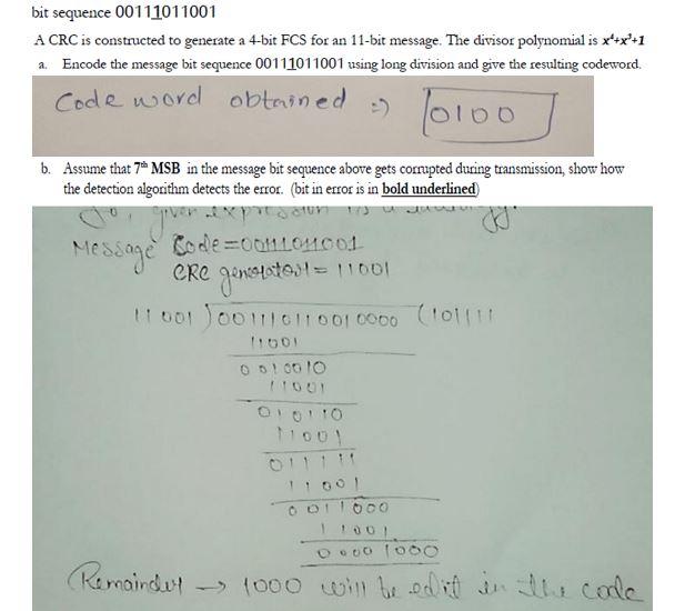 Solved bit sequence 00111011001 A CRC is constructed to | Chegg.com