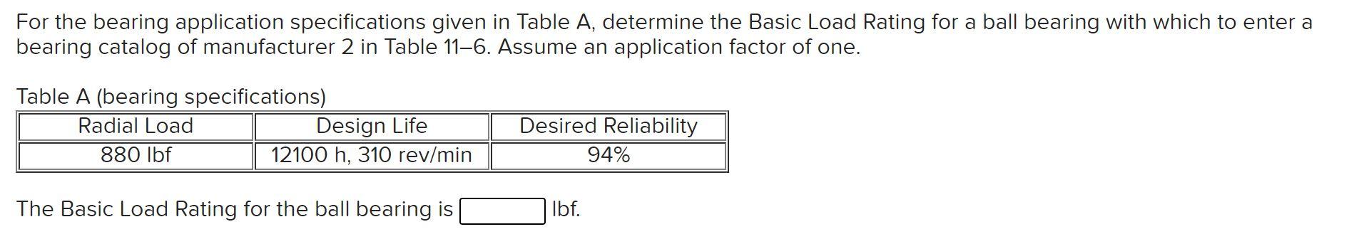 Solved For the bearing application specifications given in | Chegg.com