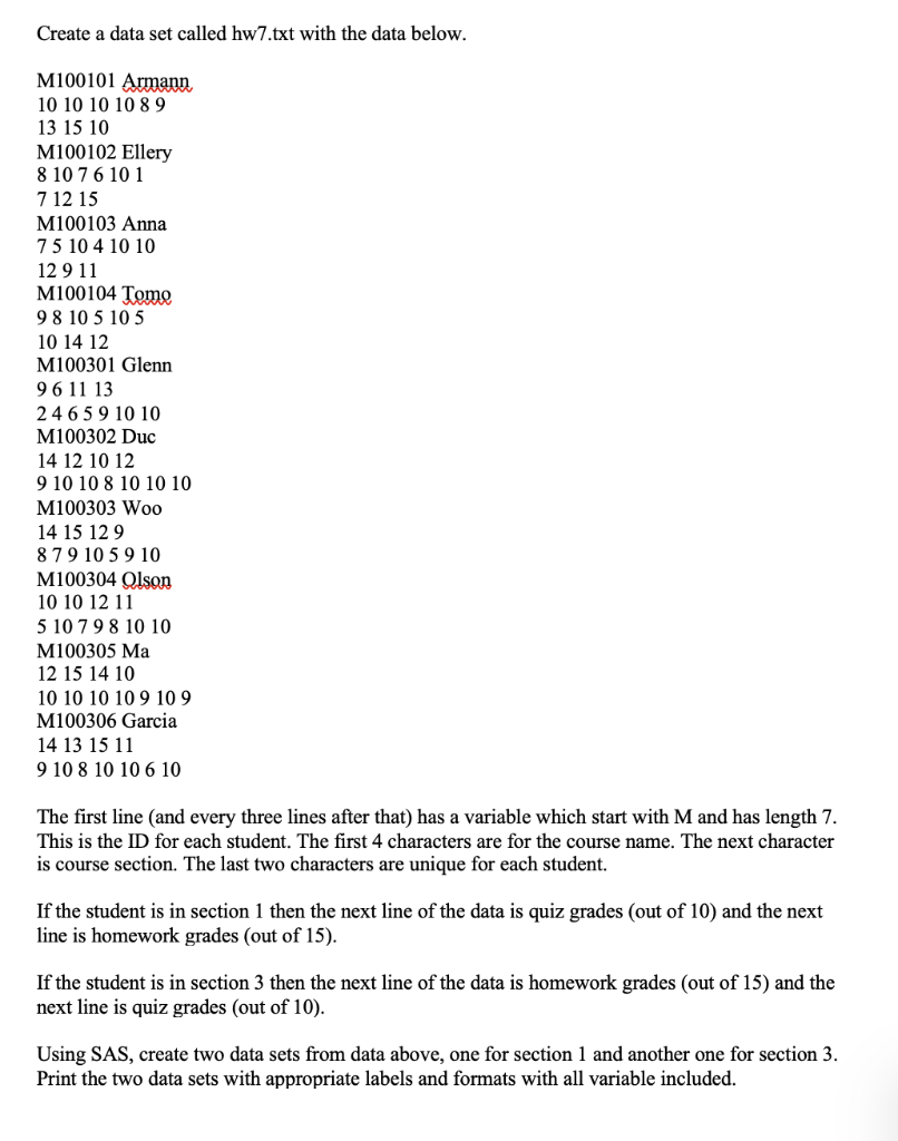 Solved Create a data set called hw7.txt with the data below. | Chegg.com