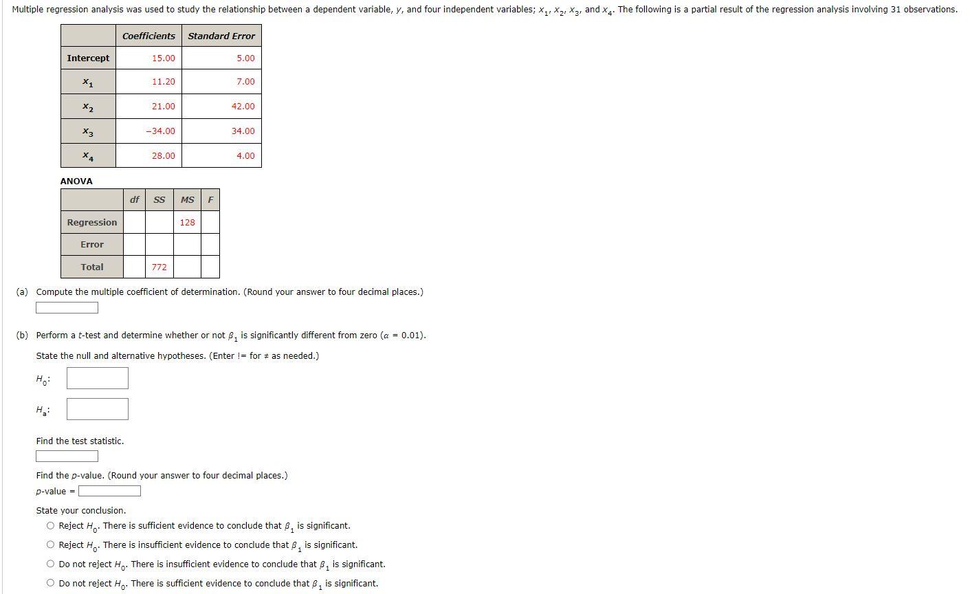 Solved ANOVA (a) Compute the multiple coefficient of | Chegg.com