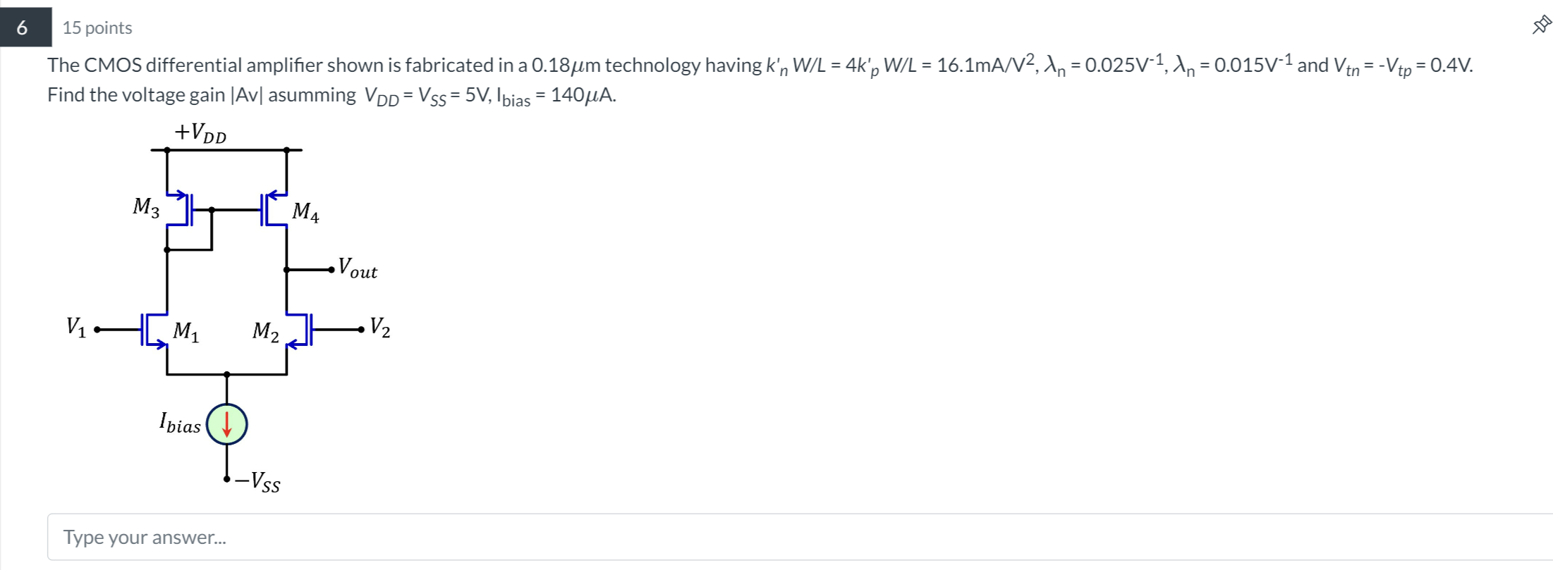Solved The CMOS differential amplifier shown is fabricated | Chegg.com
