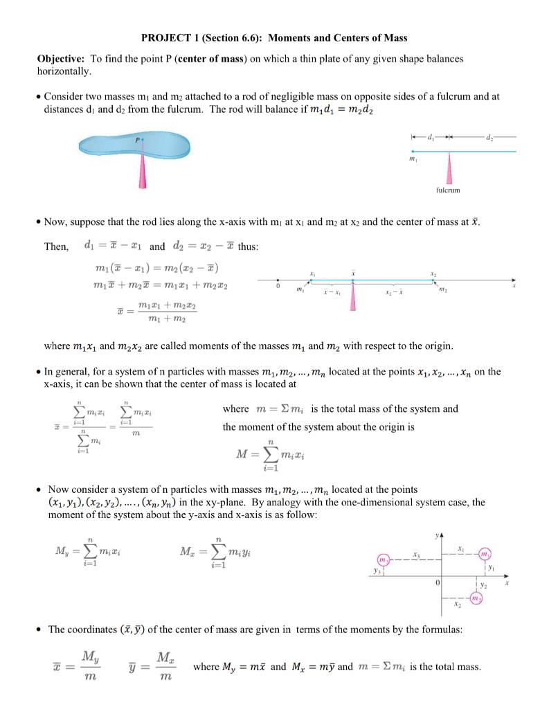Solved PROJECT 1 (Section 6.6): Moments and Centers of Mass | Chegg.com