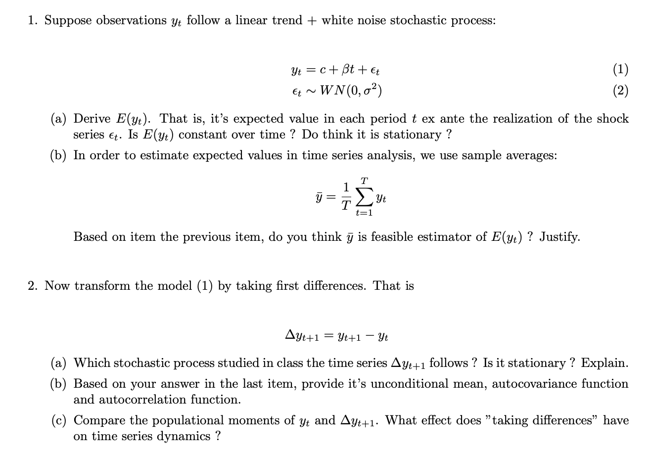 1 Suppose Observations Yt Follow A Linear Trend