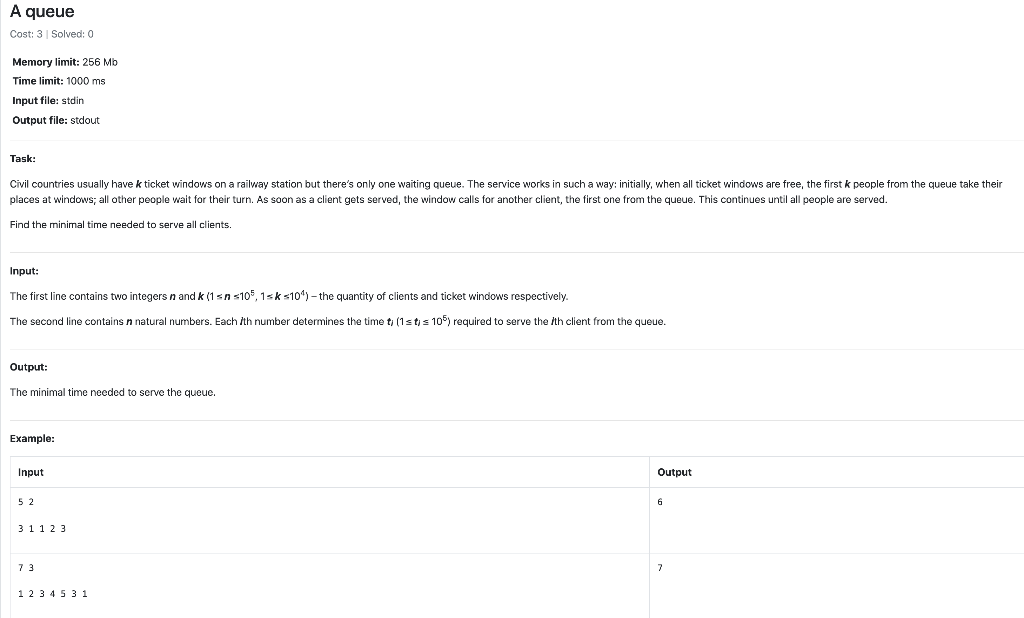 Solved A queue Cost: 3 Solved: 0 Memory limit: 256 Mb Time | Chegg.com