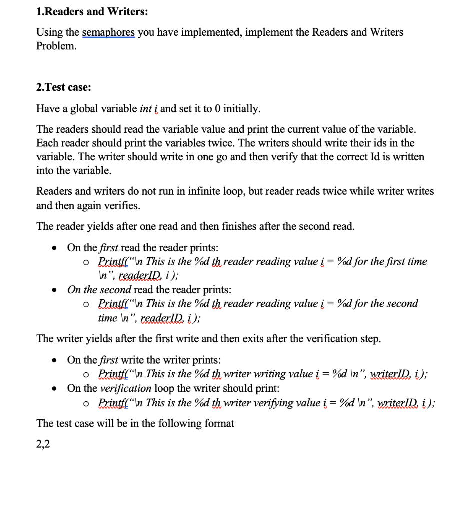 1.Readers and Writers: Using the semaphores you have | Chegg.com