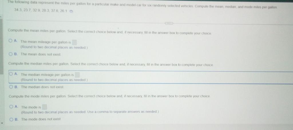 Solved The following data reptesent the mules per gallon for | Chegg.com