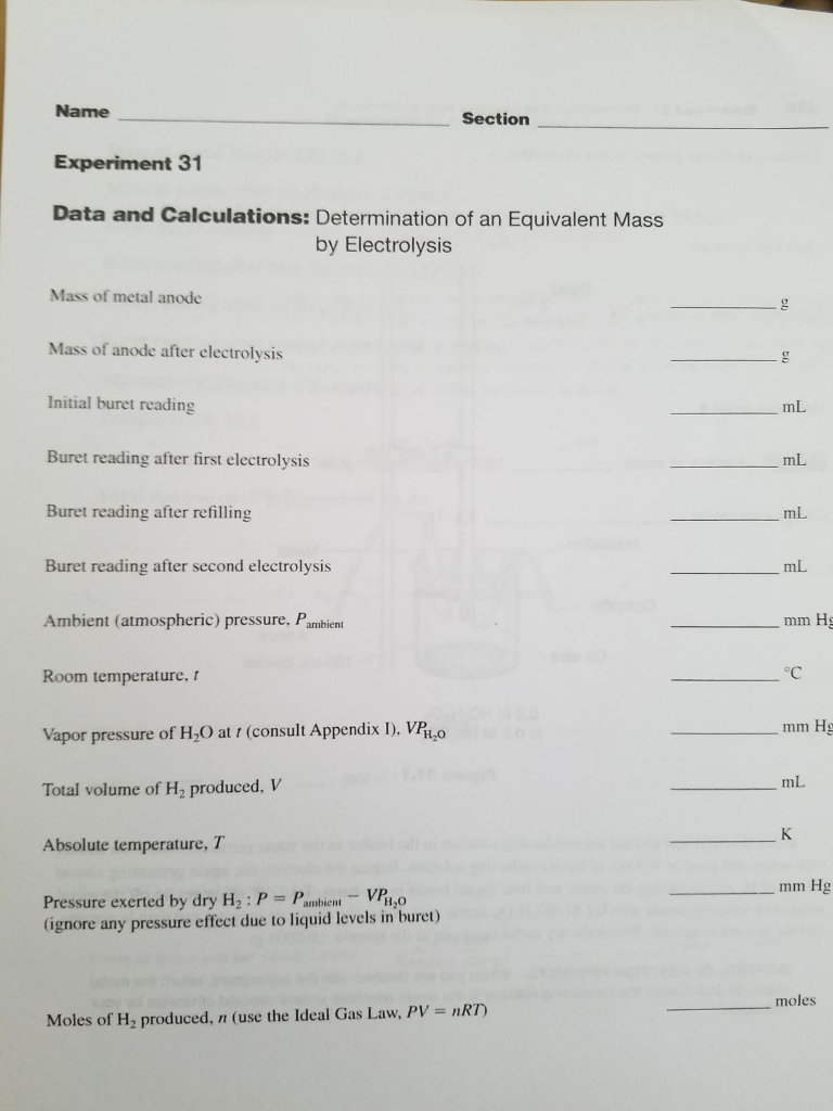 Solved Name Section Experiment 31 Data and Calculations: | Chegg.com