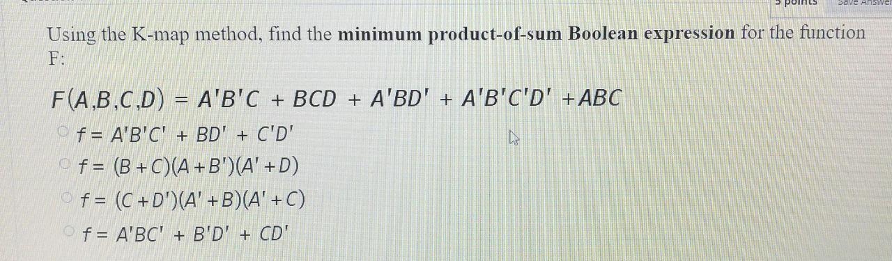 Solved incs Using the K-map method, find the minimum | Chegg.com