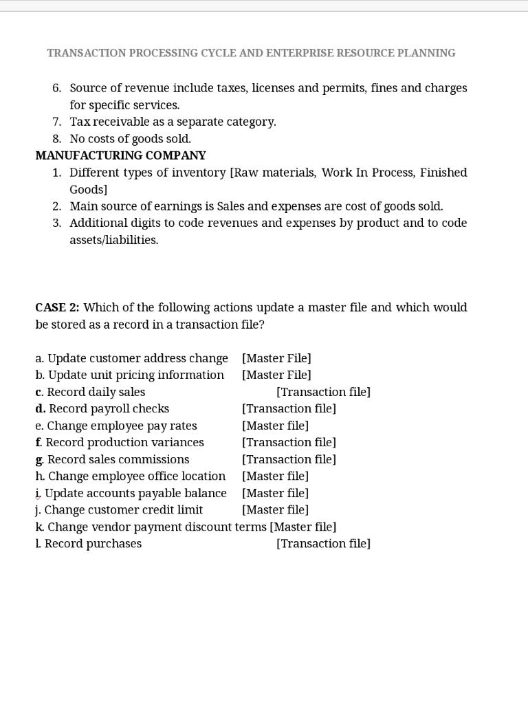 TRANSACTION PROCESSING CYCLE AND ENTERPRISE RESOURCE | Chegg.com