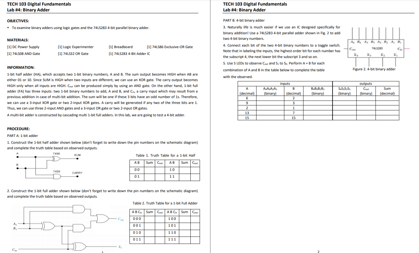 Solved Tech 103 Digital Fundamentals Lab 4 Binary Adder 