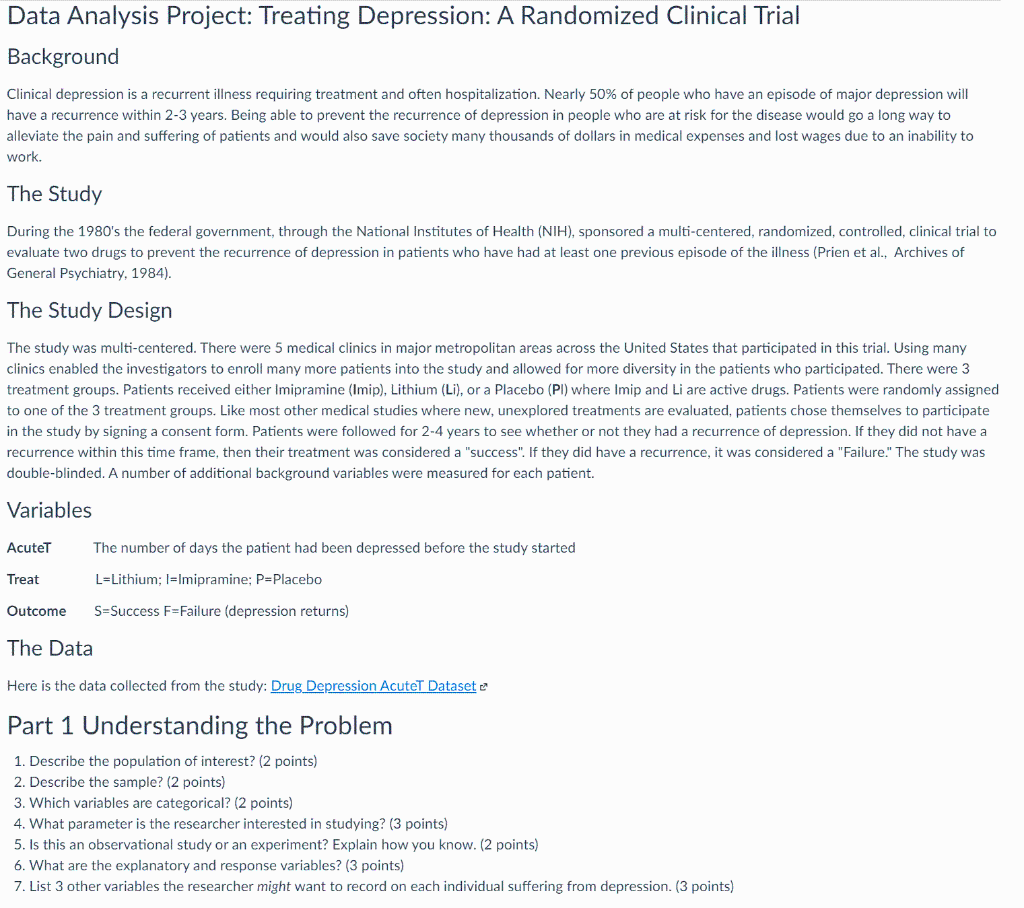Solved Data Analysis Project: Treating Depression: A | Chegg.com