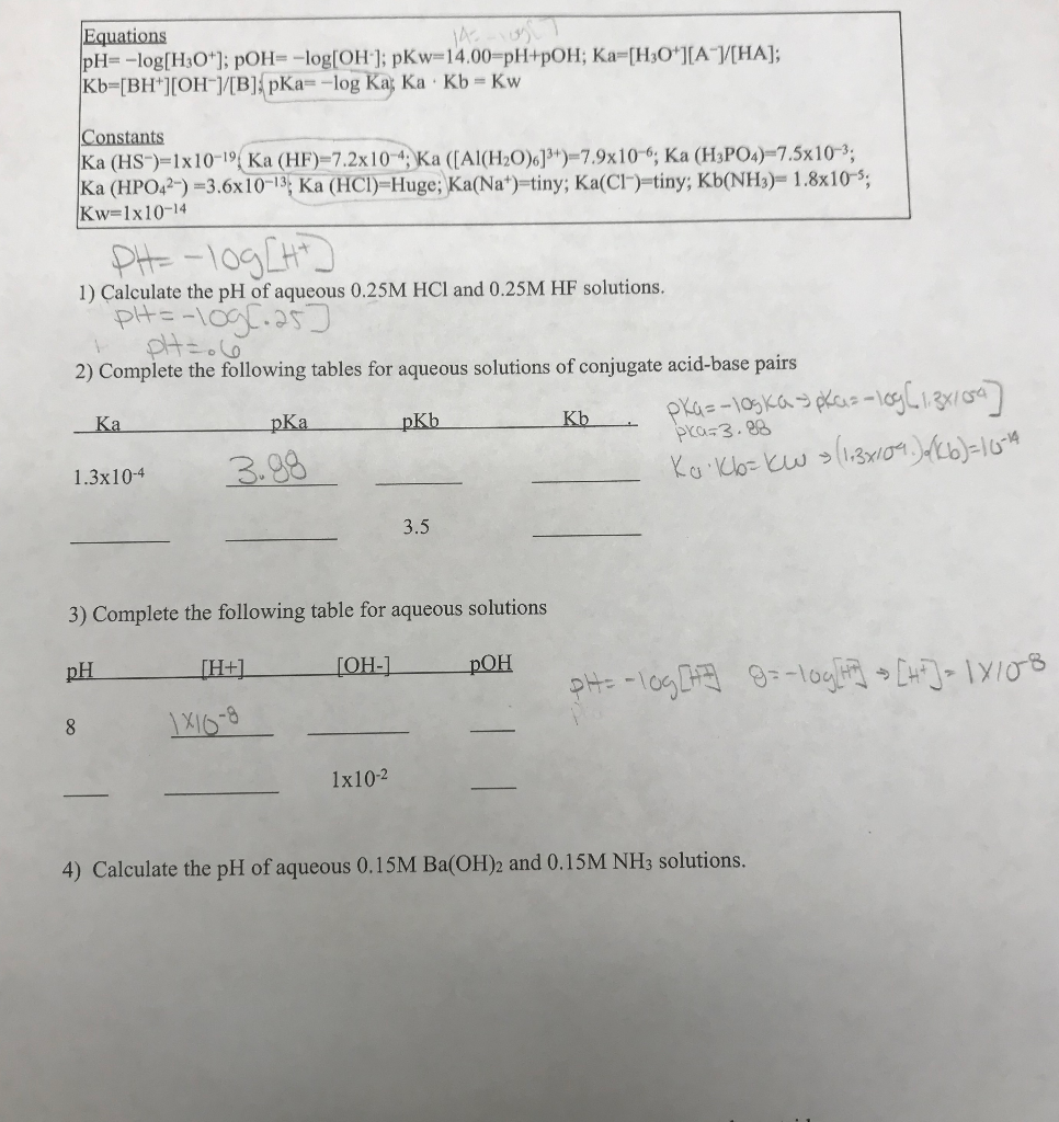 Solved Equations pH=-log[H3O*]; pOH=-log [ OH]; | Chegg.com