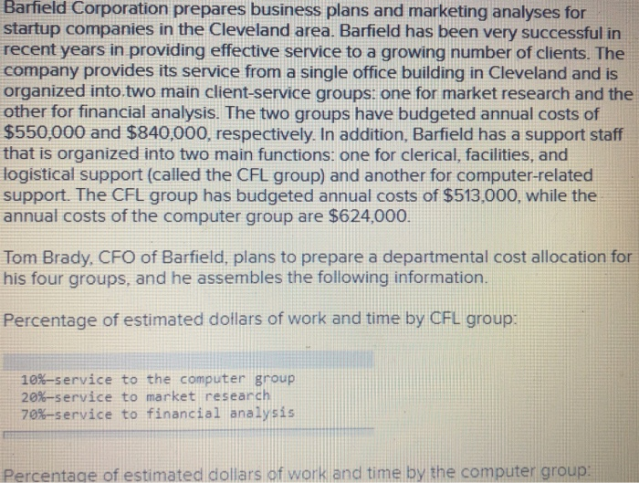 Solved Barfield Corporation prepares business plans and | Chegg.com