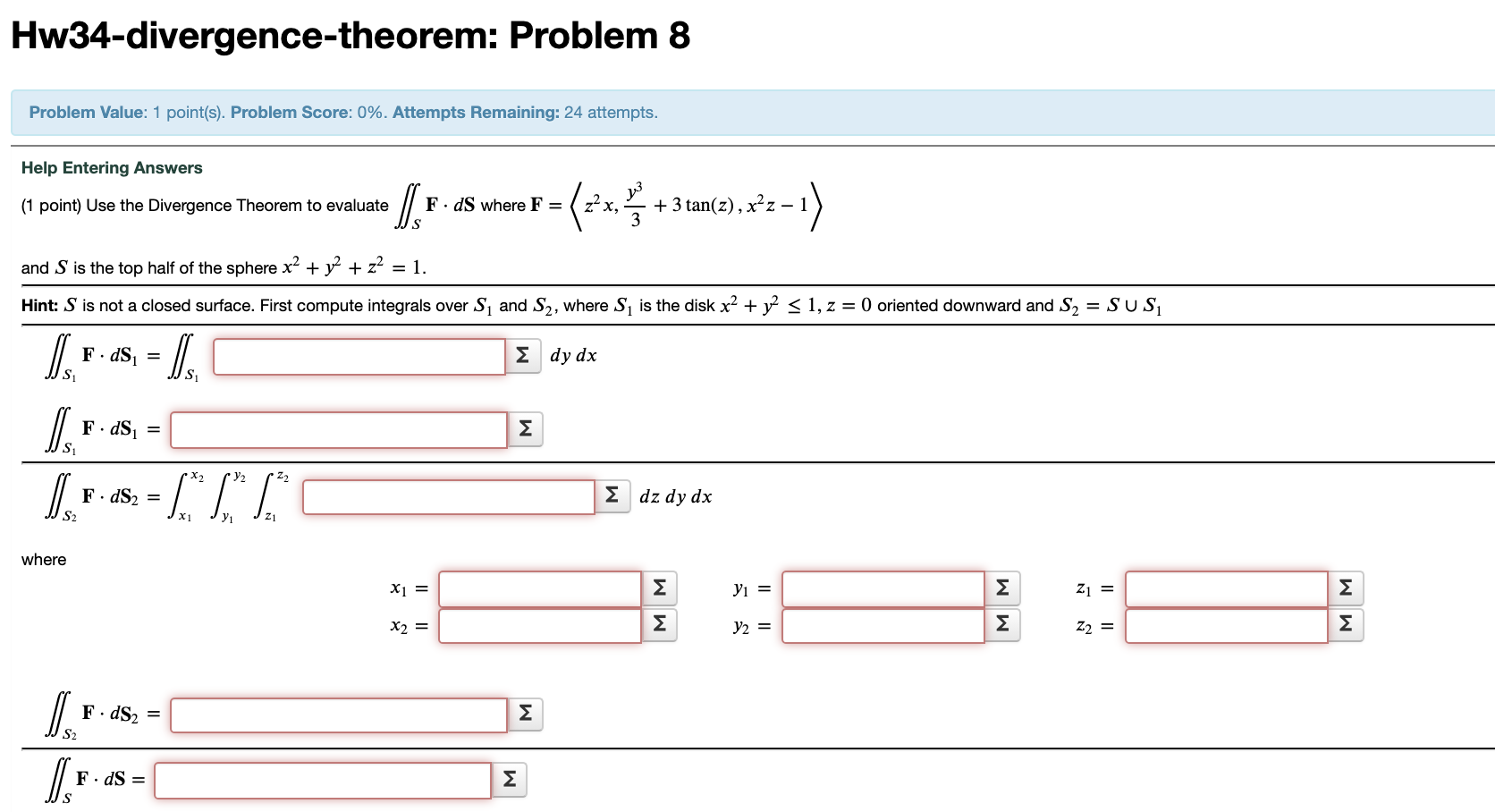 Solved Hw34-divergence-theorem: Problem 8 Problem Value: 1 | Chegg.com