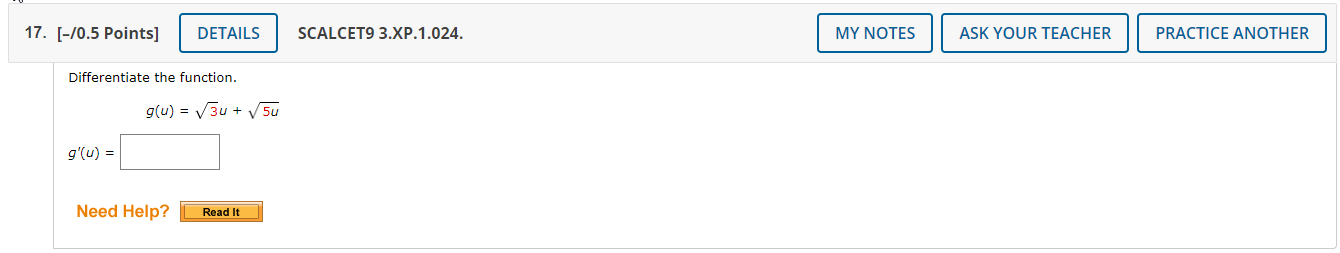 Solved [-/0.5 Points] SCALCET9 3.XP.1.024. Differentiate the | Chegg.com