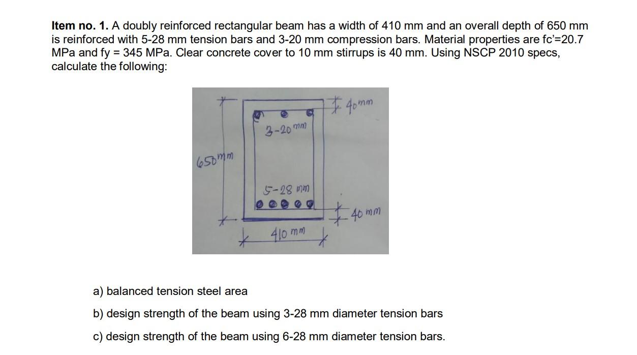 Solved Item no. 1. A doubly reinforced rectangular beam has | Chegg.com