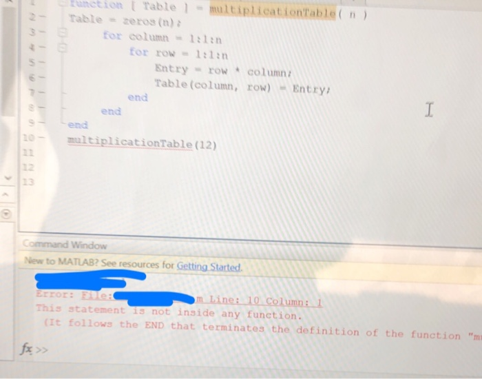 Solved unction Table - multiplicationTable() Table = zeros | Chegg.com