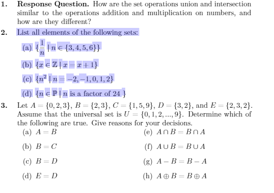 Solved 1. Response Question. How are the set operations | Chegg.com