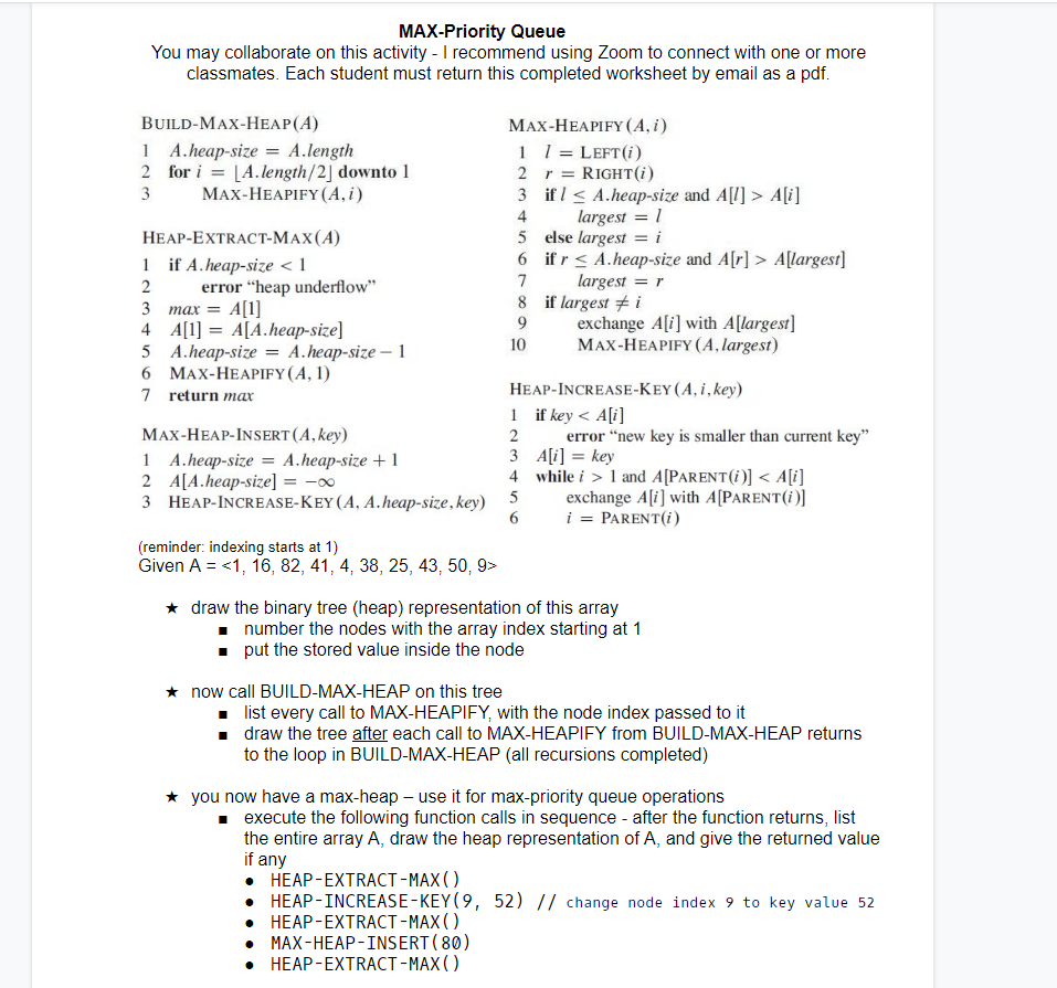 MAX-Priority Queue You may collaborate on this | Chegg.com