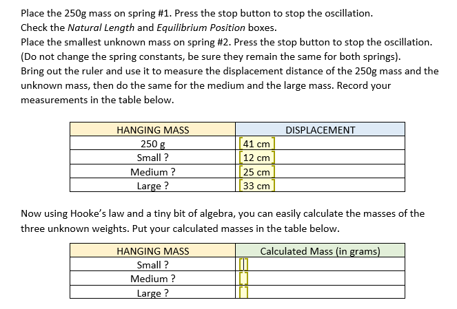 Solved Place the 250g mass on spring #1. Press the stop | Chegg.com