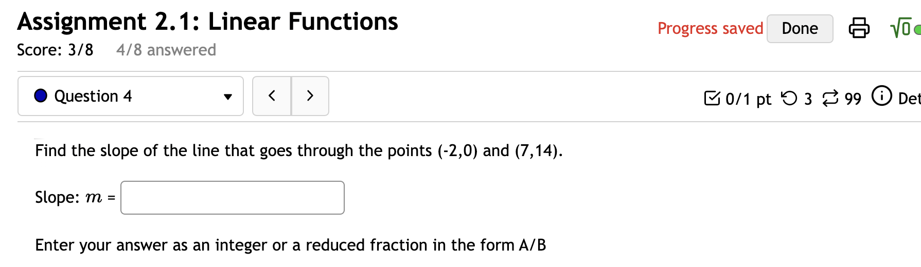 Solved Assignment 2.1: Linear Functions Score: 3/8 4/8 | Chegg.com