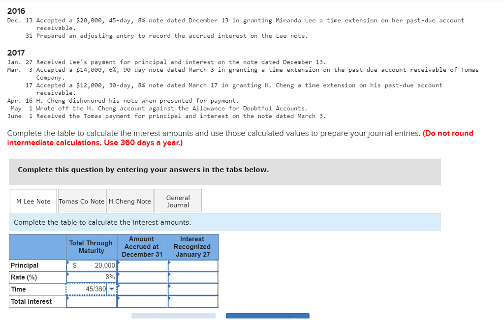 Solved 2016 Dec. 13 Accepted a $20,000, 45-day, 8% note | Chegg.com