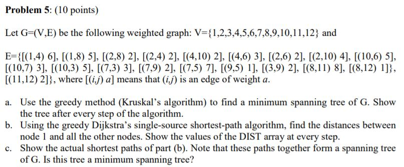 Solved Problem 5: (10 points) Let G=(V,E) be the following | Chegg.com