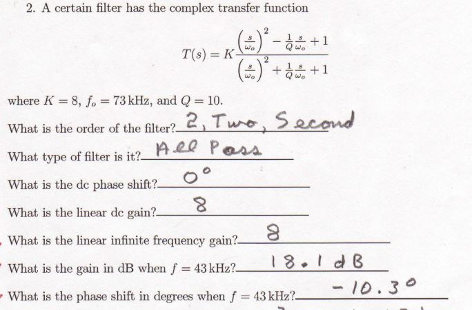 Solved 2. A certain filter has the complex transfer function | Chegg.com
