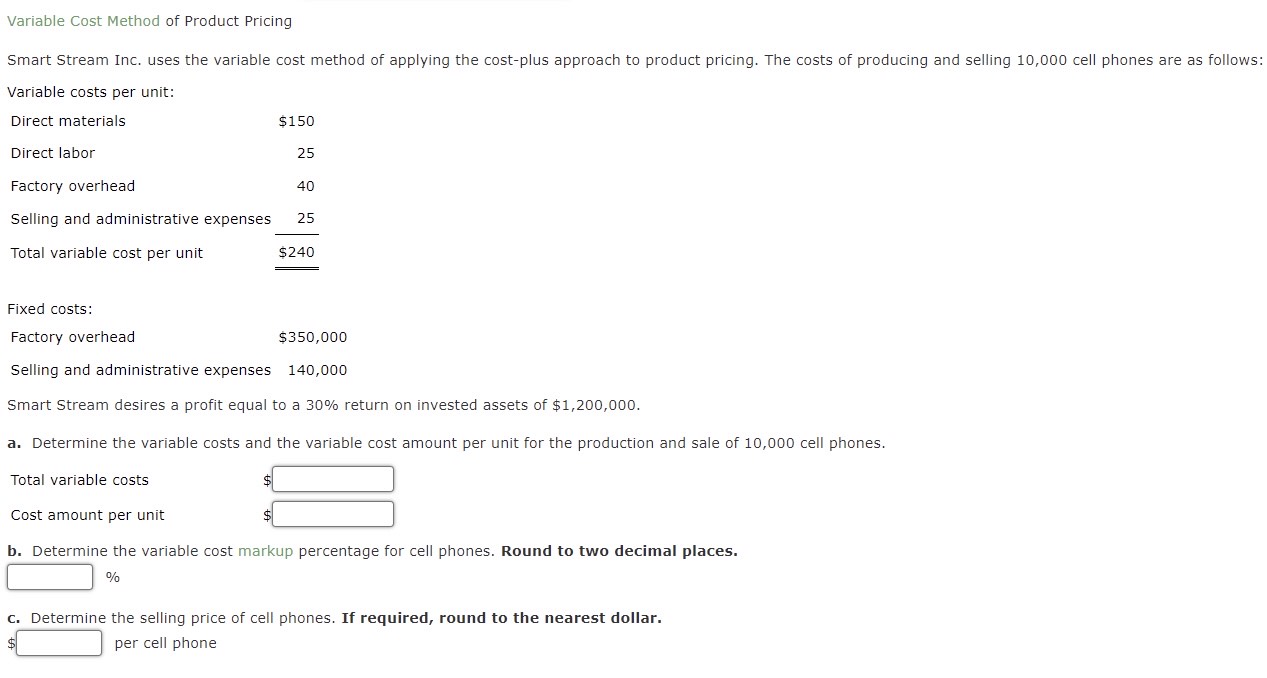 Solved Variable Cost Method of Product Pricing Smart Stream | Chegg.com