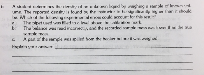 Solved A student determines the density of an unknown liquid | Chegg.com