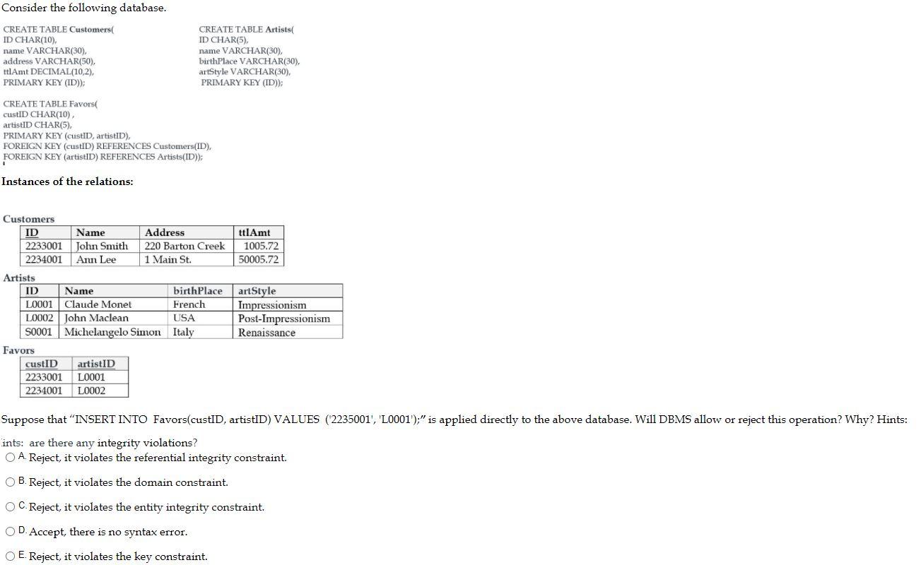 Solved CREATE TABLE Customers ID CHAR(10), name VARCHAR(30), | Chegg.com