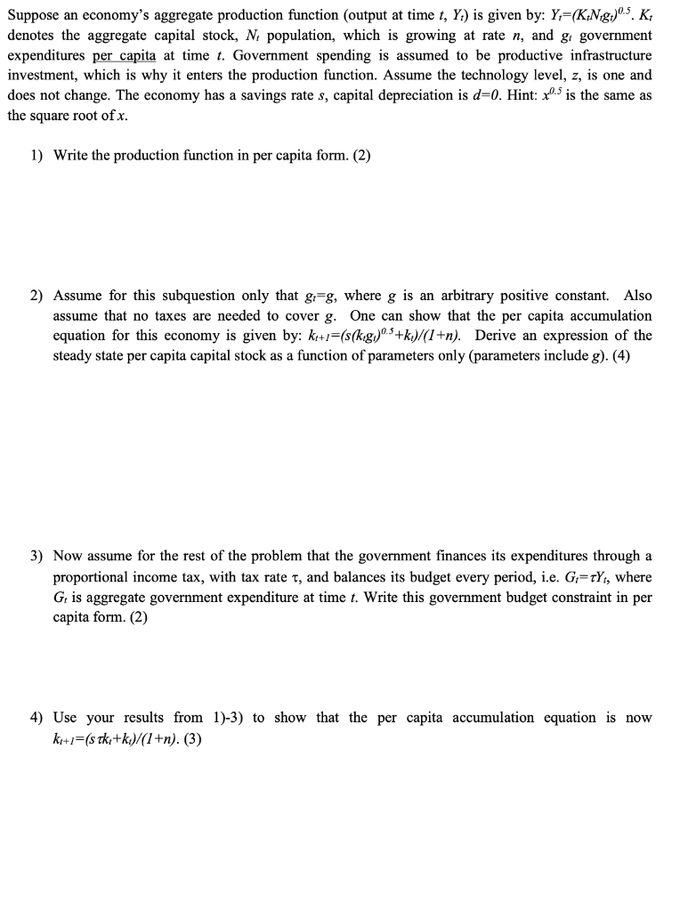 Solved Suppose An Economys Aggregate Production Function