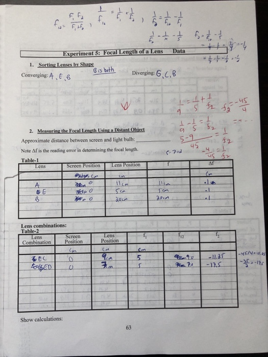 Solved ty- Data- Experiments. FocalTengthora Lens - 1. | Chegg.com