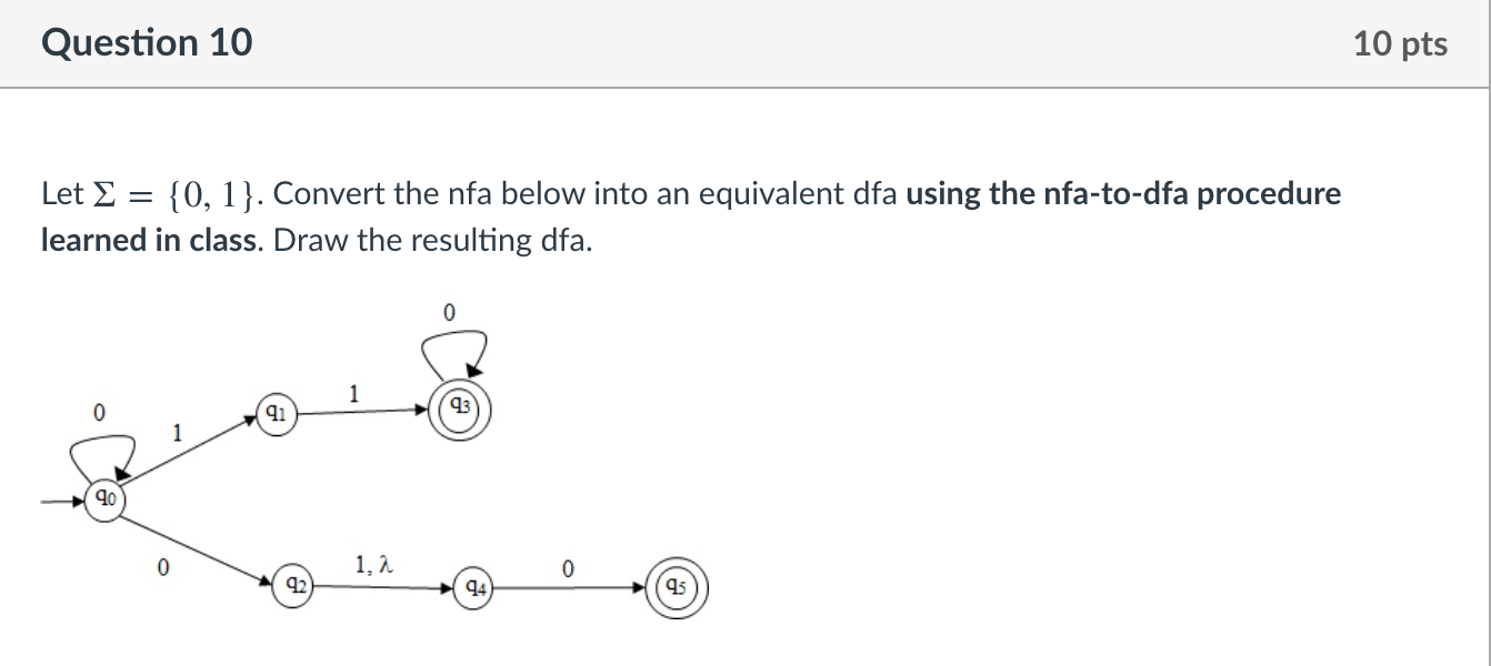 Solved Question 10 10 pts Let E = {0, 1}. Convert the nfa | Chegg.com