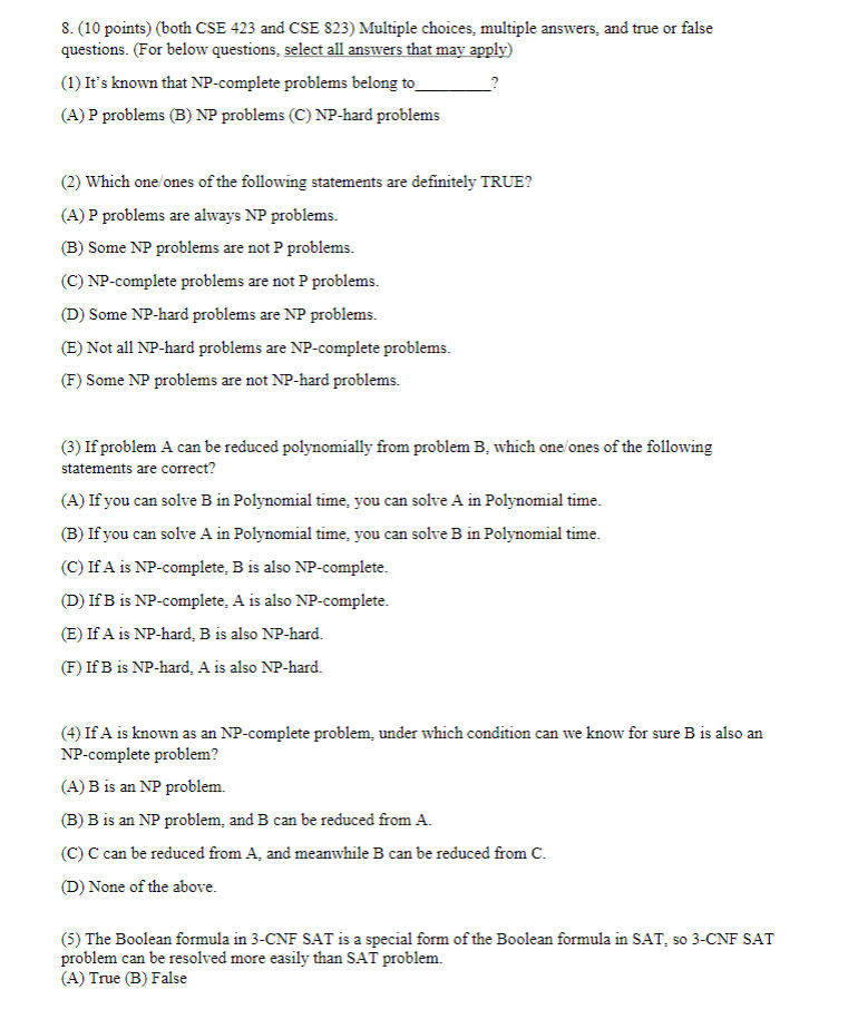 Solved 8. (10 points) (both CSE 423 and CSE 823) Multiple | Chegg.com