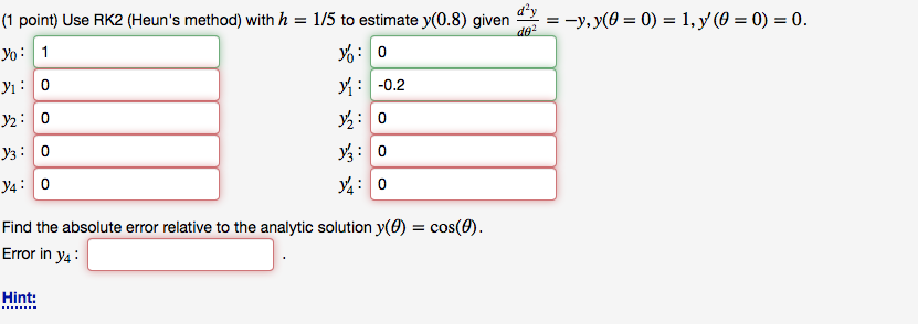 Solved Use RK2 (Heun's method) with h=1/5h=1/5 to estimate | Chegg.com