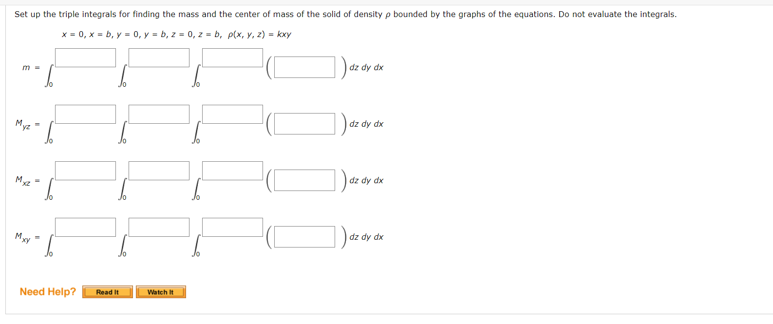 Set up the triple integrals for finding the mass and | Chegg.com