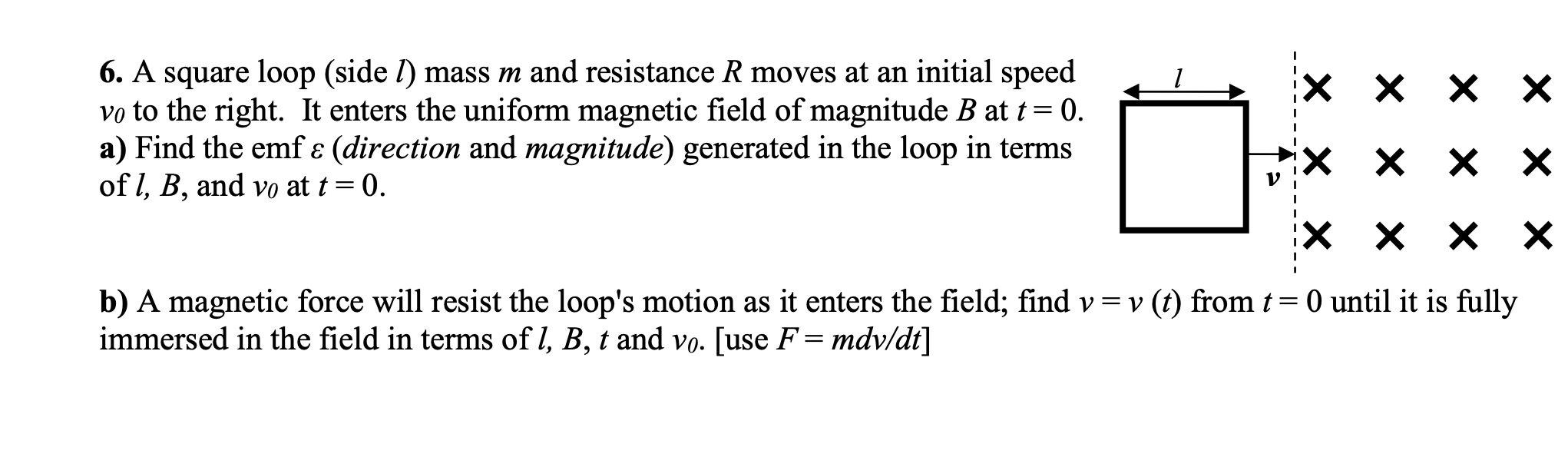Solved X X 6. A square loop (side 1) mass m and resistance R | Chegg.com