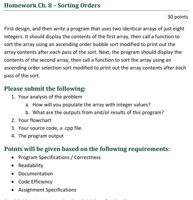 Solved Homework Ch. 8 - Sorting Orders 30 points First | Chegg.com