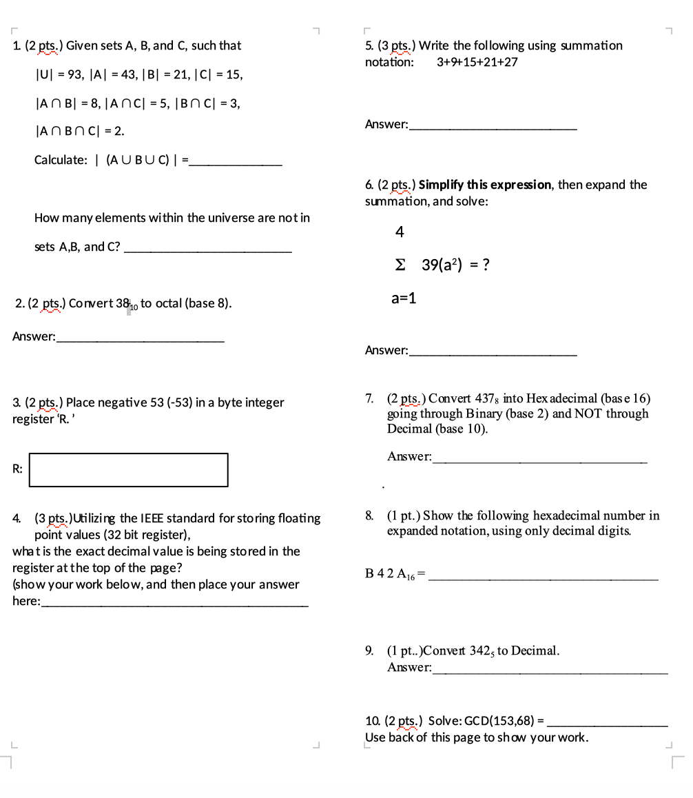 Solved 7 1 (2 pts.) Given sets A, B, and C, such that 5. (3 | Chegg.com