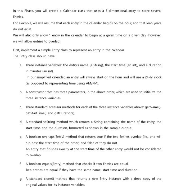 Solved In this phase, you will create a Calendar class that | Chegg.com